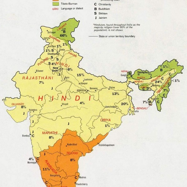 Languages and religions map of India 1973 - Maps of India
